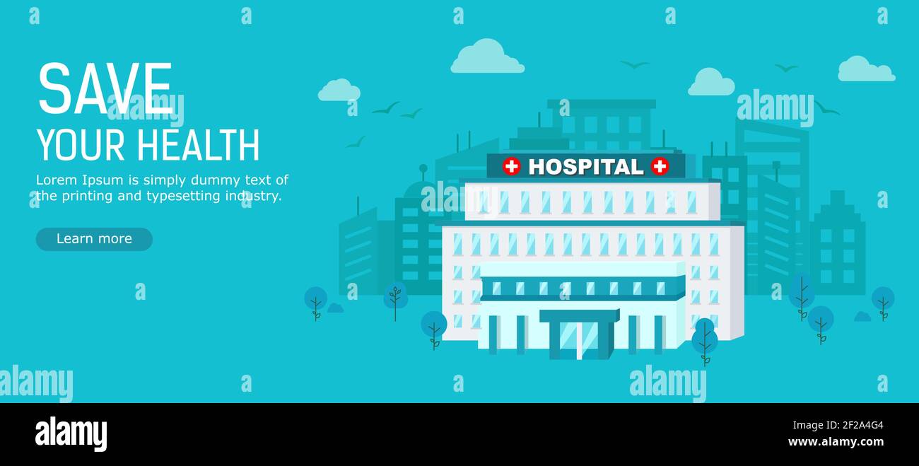 Banner Save your health. Hospital building on background of city. Blue ...