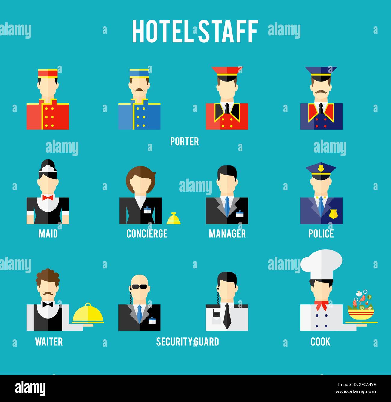 Set of hotel staff flat icon. Securityguard and police, porter and ...