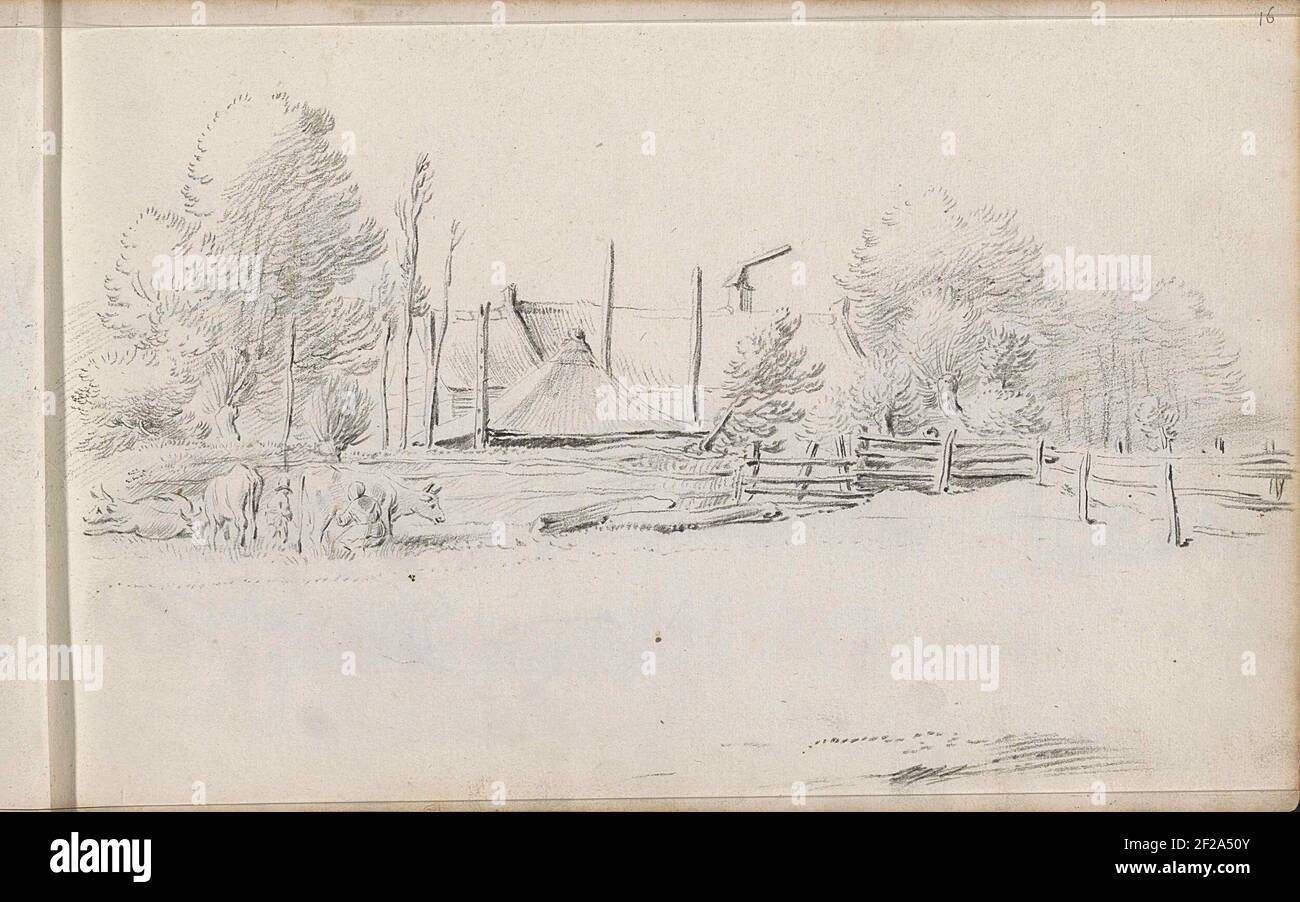 Farm with a hayiness and Milkende Boerin.Leaf 16 Recto from a ...