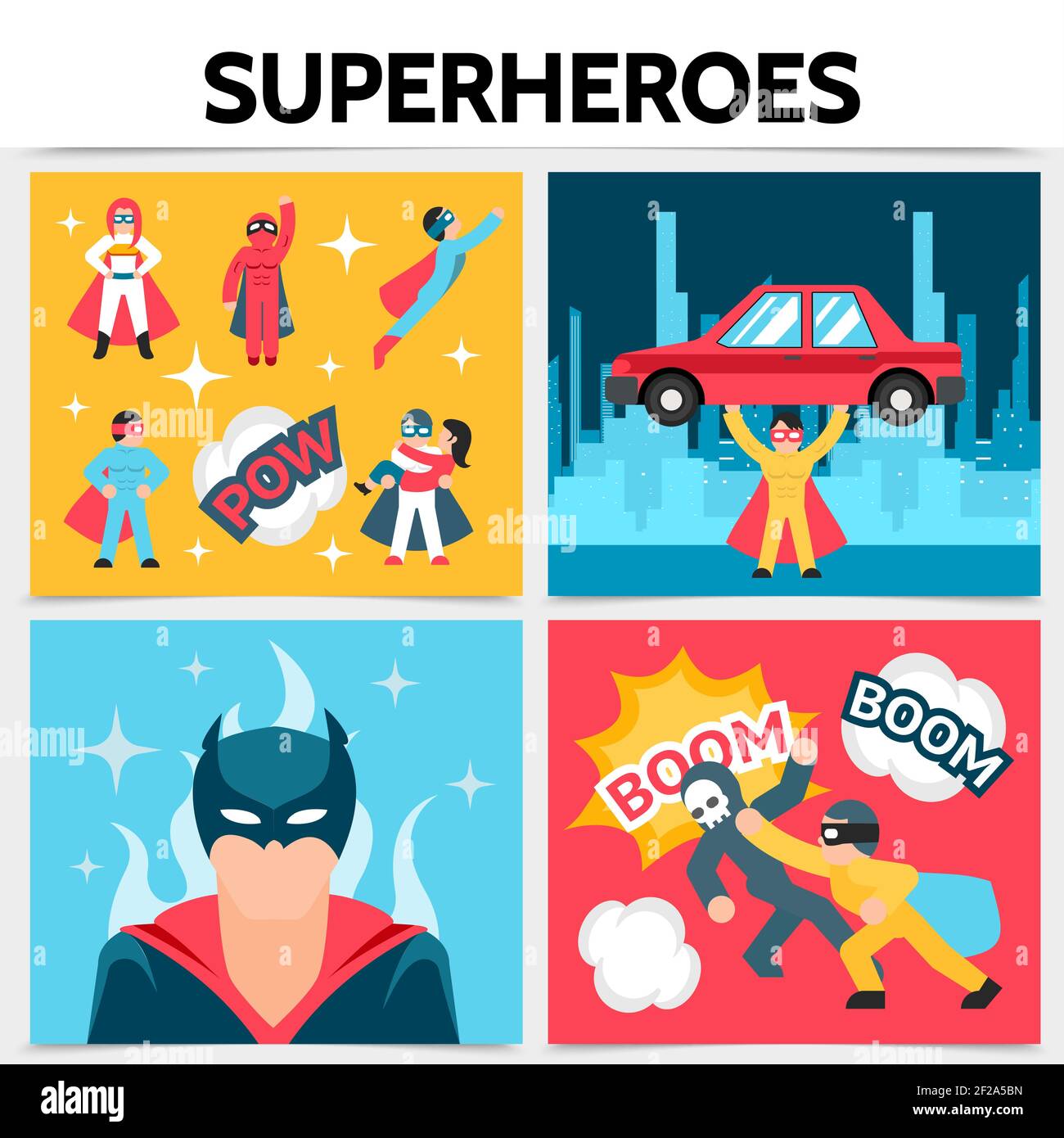 Flat superheroes square concept with super heroes in costumes and masks ...