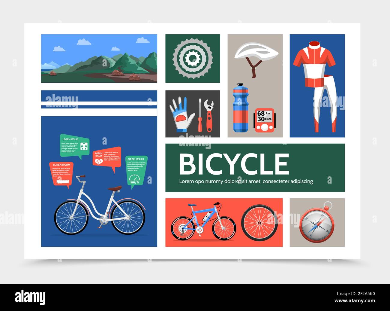 Flat bicycle infographic concept with bike glove screwdriver wrench ...