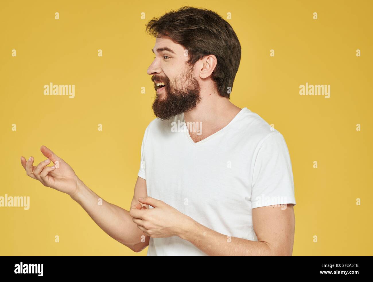 A man with a beard gestures with his hands side view Copy Space Stock ...