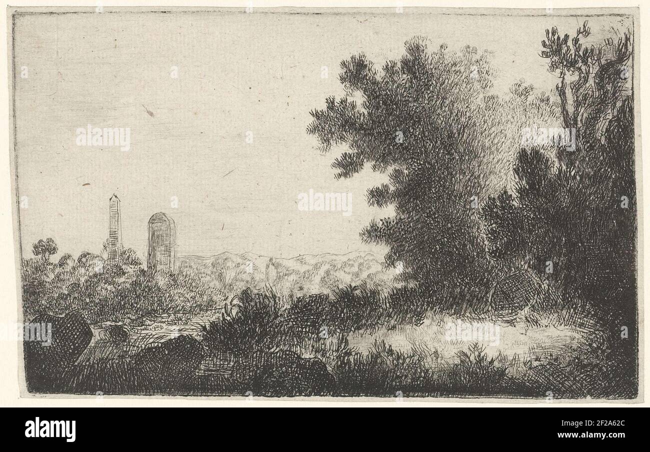 Landscape with a tower and an obelisk on the left. Right forest shoots ...
