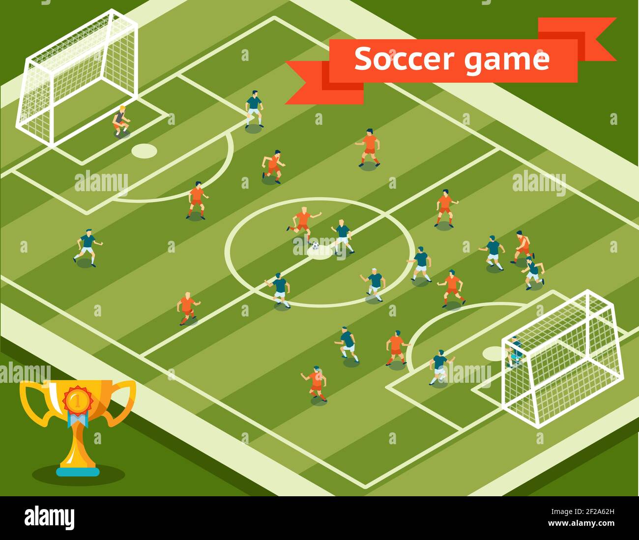 Soccer game. Football field and players. Competition and goal, sport ...