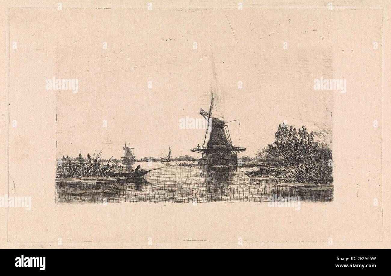 Landscape with mills and a rowing boat Stock Photo - Alamy