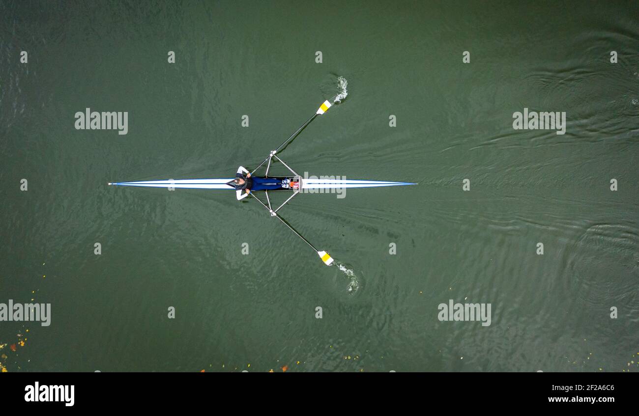 Drone top down view of a rowing boat (single skull) on the Oise river ...