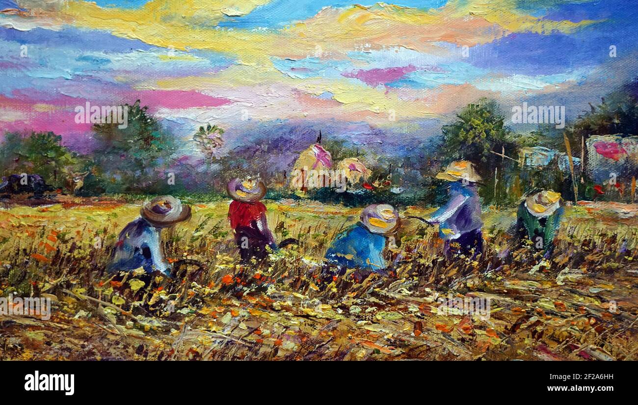 Art painting Oil color Harvest Rice , Countryside in the provinces ...