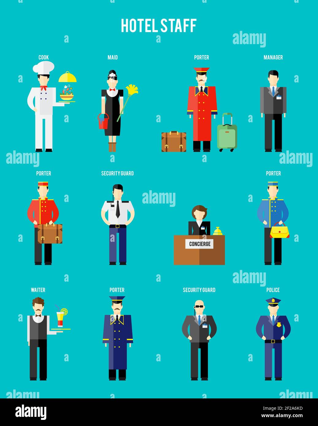 Vector hotel staff. Securityguard and police, receptionist and ...