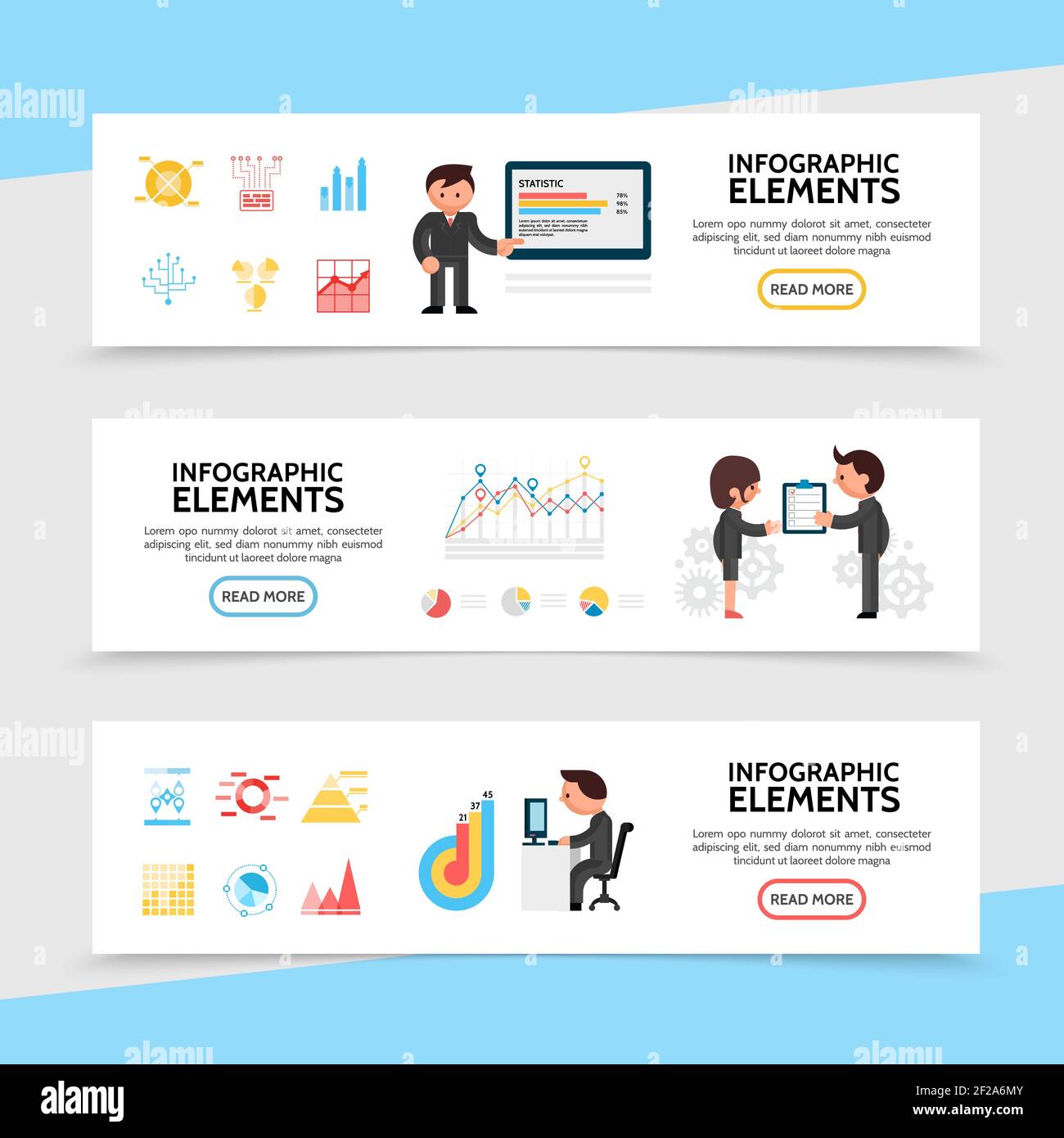 Flat infographic horizontal banners with diagrams and graphs for ...