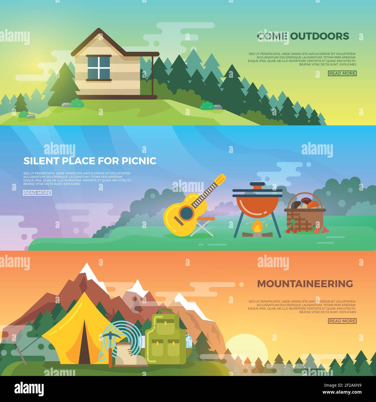 Camping vector flat banner set. Adventure hiking banner, travel ...