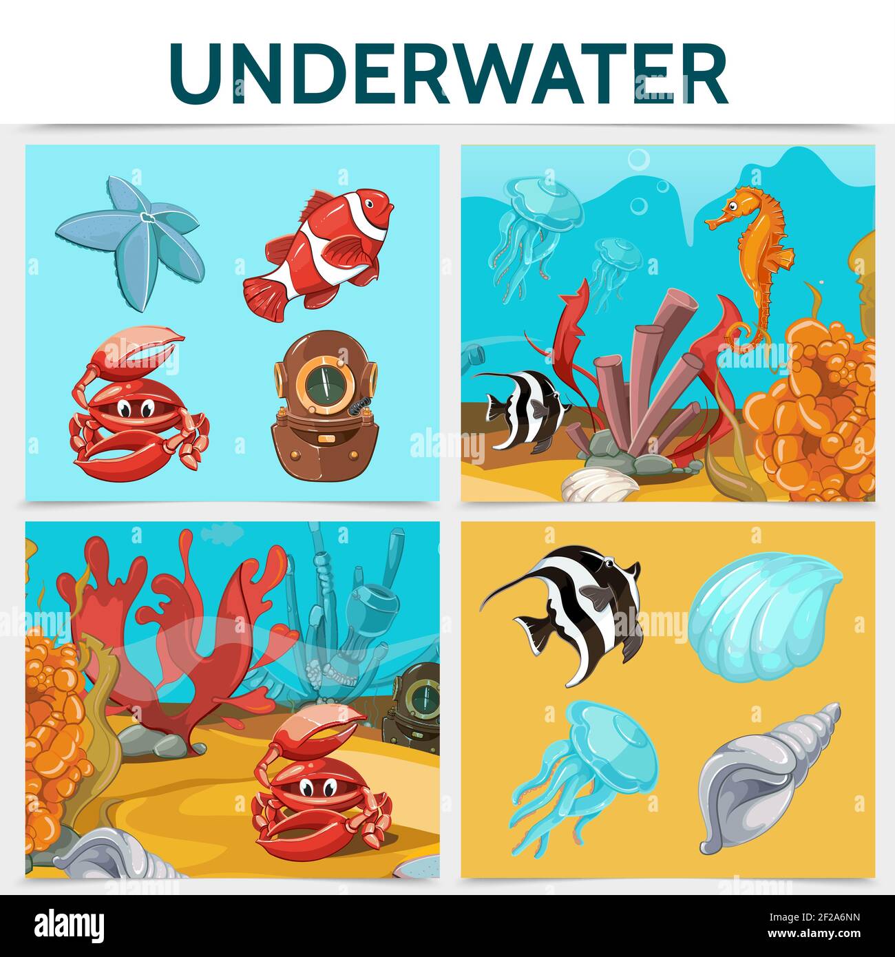 Cartoon underwater life square concept with crab fish seahorse starfish ...