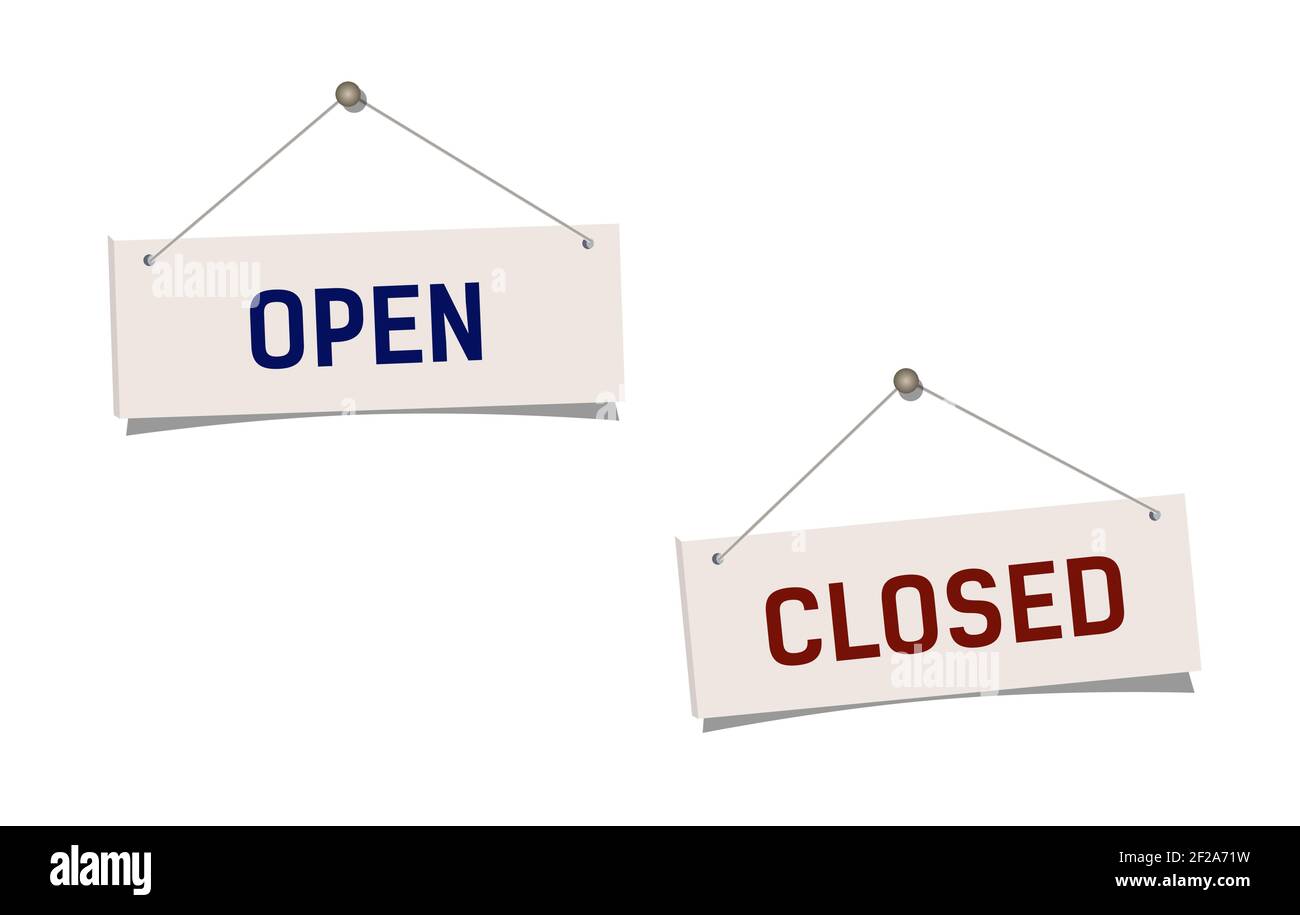 Closed and open signs hanging on white wall. Realistic placards ...