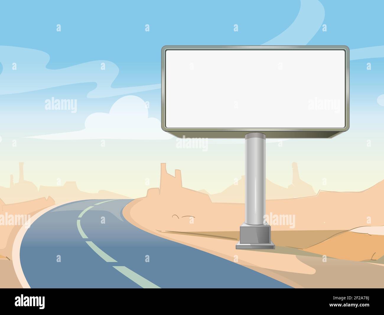 Road advertising billboard and desert landscape. Commercial frame blank ...