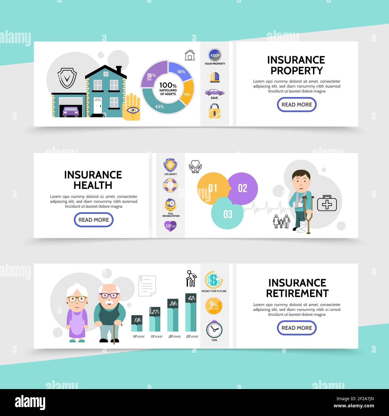 Flat insurance horizontal banners with diagrams graphs property ...