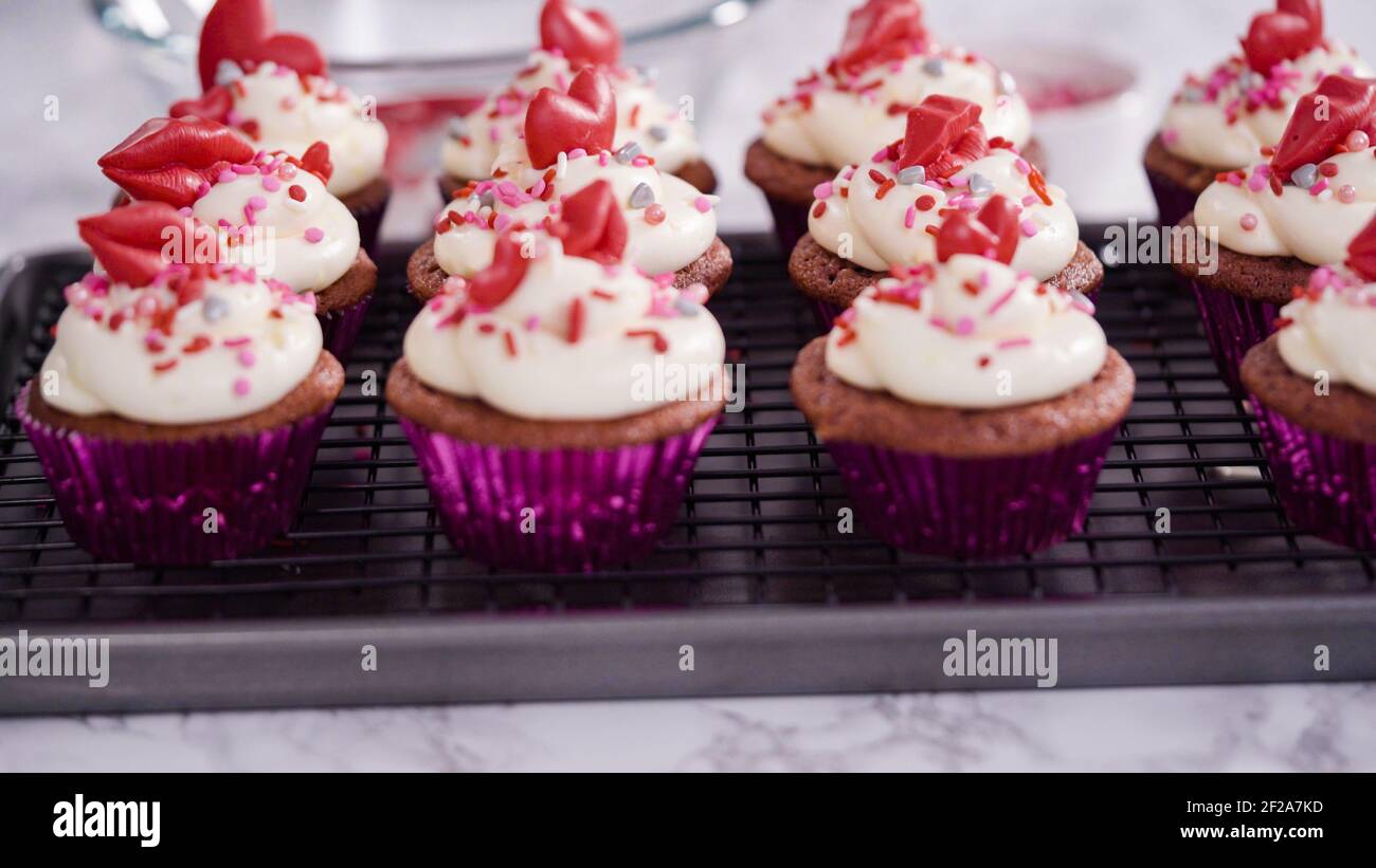 Step by step. Decorating red velvet cupcakes with sprinkles and ...