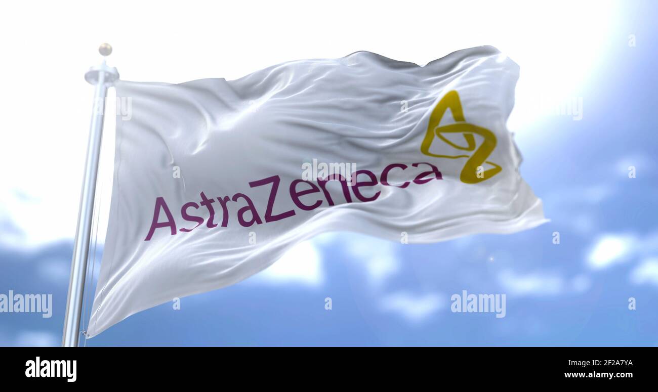 Rome, Italy, January 26, 2021: White flag with the new Astrazeneca logo ...