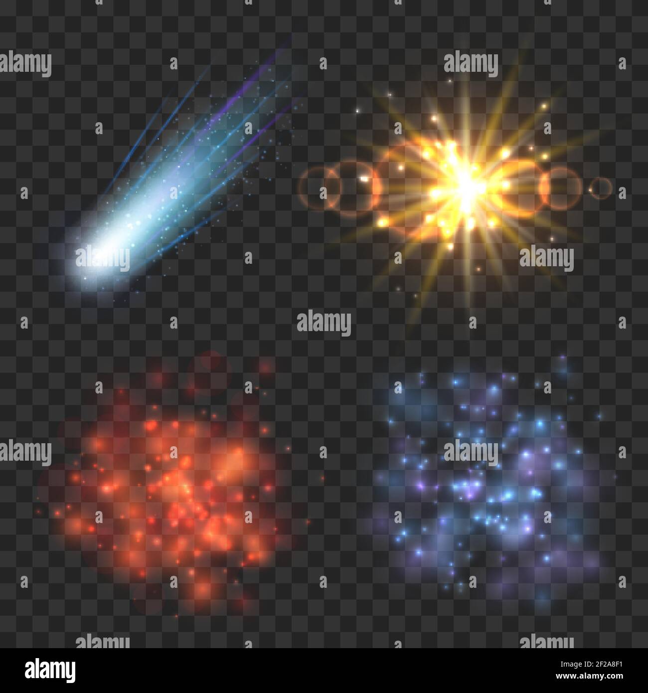 Space stars, comet and explosion on transparence checkered background ...