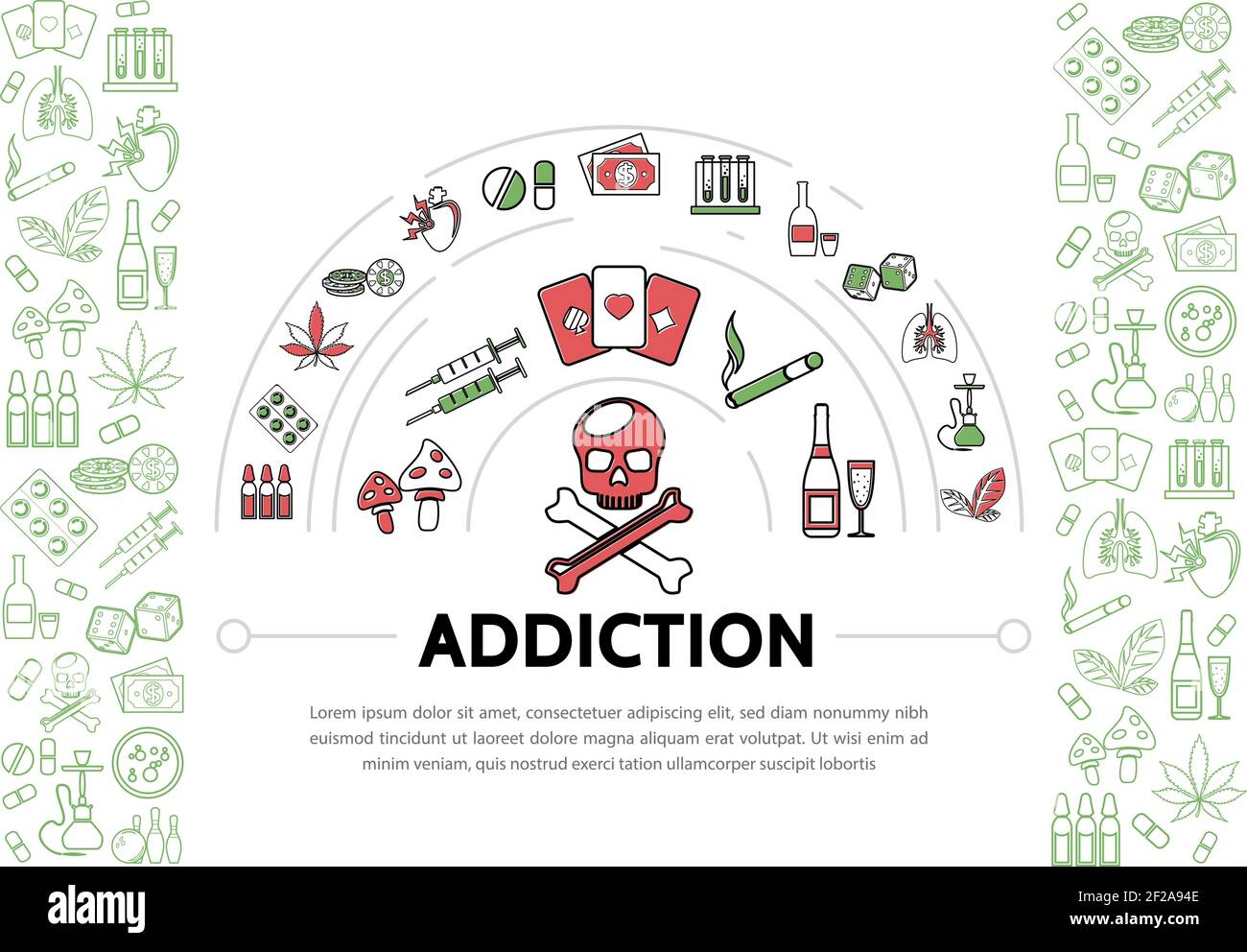 Harmful addictions template with skull tubes drugs tobacco marijuana ...