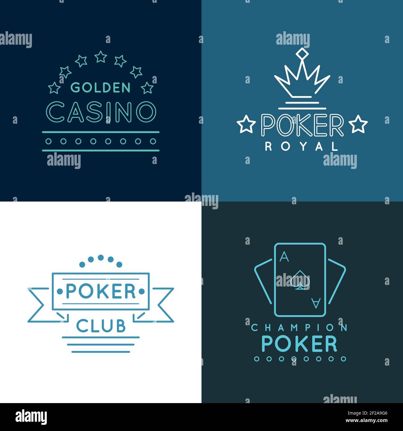 Casino and poker club labels and emblems, logos set in linear outline ...