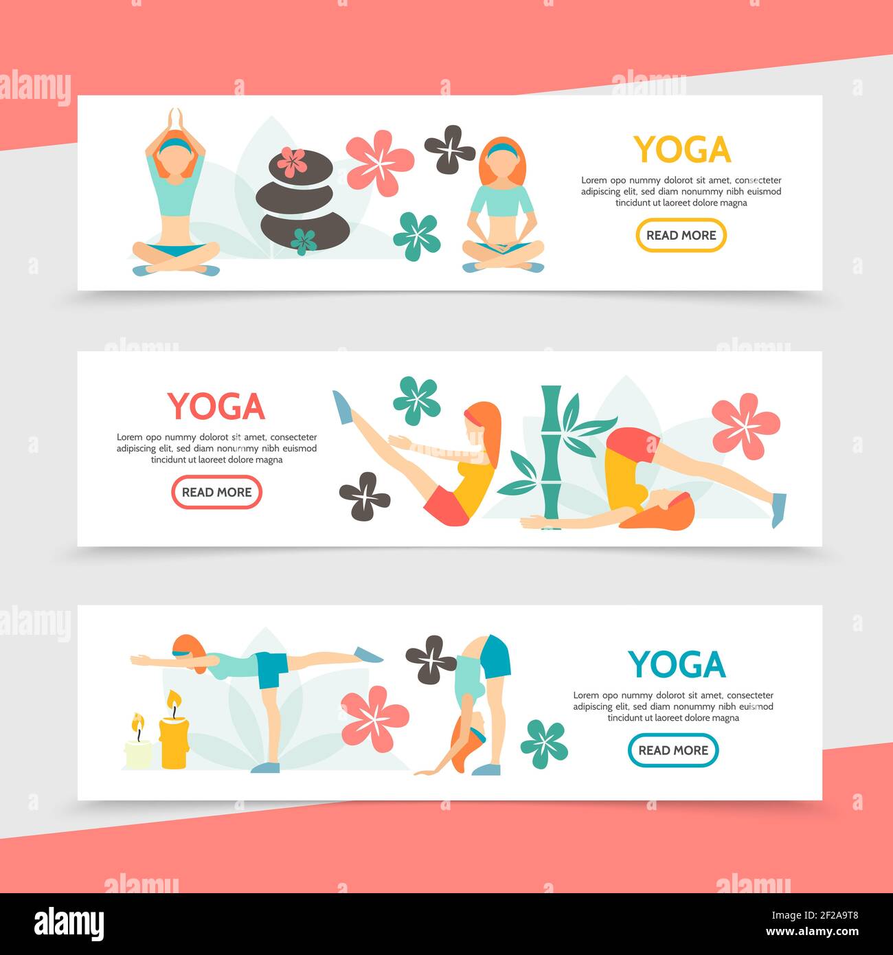 Flat yoga horizontal banners with girls meditating in different poses ...
