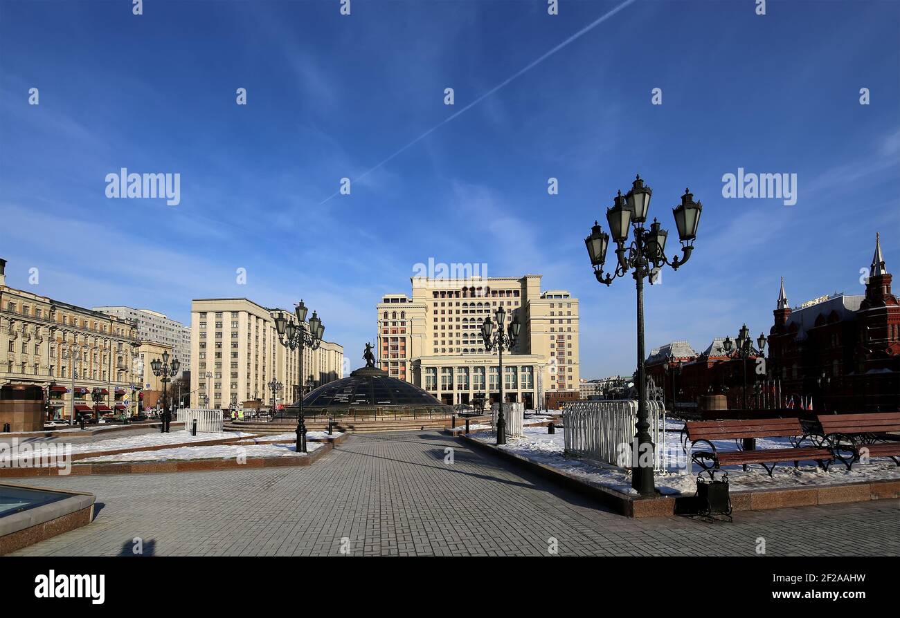 Famous Manezhnaya square near the Kremlin in Moscow, Russia Stock Photo ...