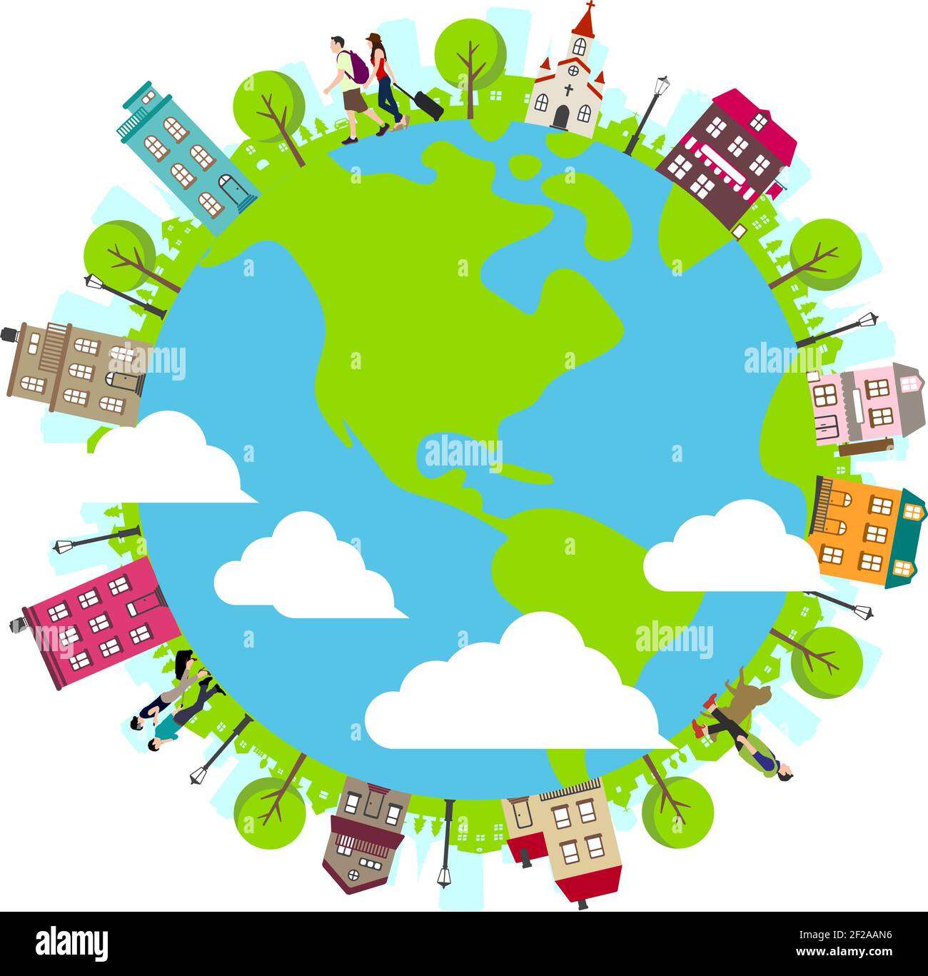 Cartoon earth planet and buildings vector illustration Stock Vector ...