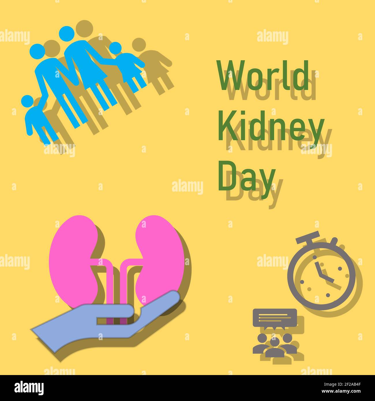 The illustration shows a picture of family, kidney, clock timing ...