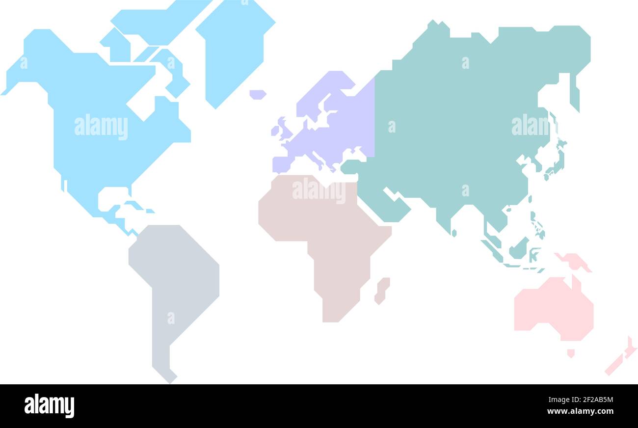 Simplified world map drawn with sharp straight lines (different colors ...