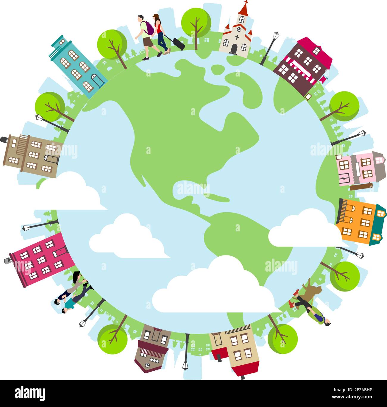 Cartoon earth planet and buildings vector illustration Stock Vector ...