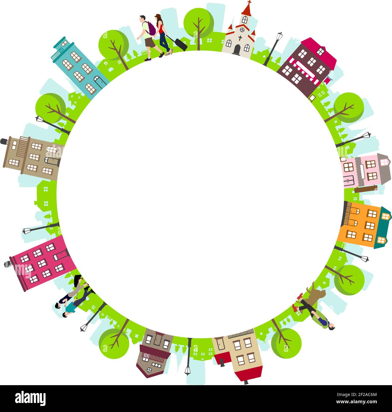 Buildings and houses arranged in a circle illustration (text space in ...