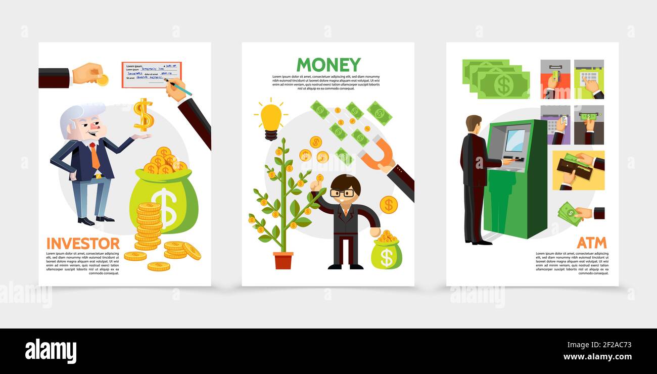 Flat finance and investment vertical banners with businessman near atm ...
