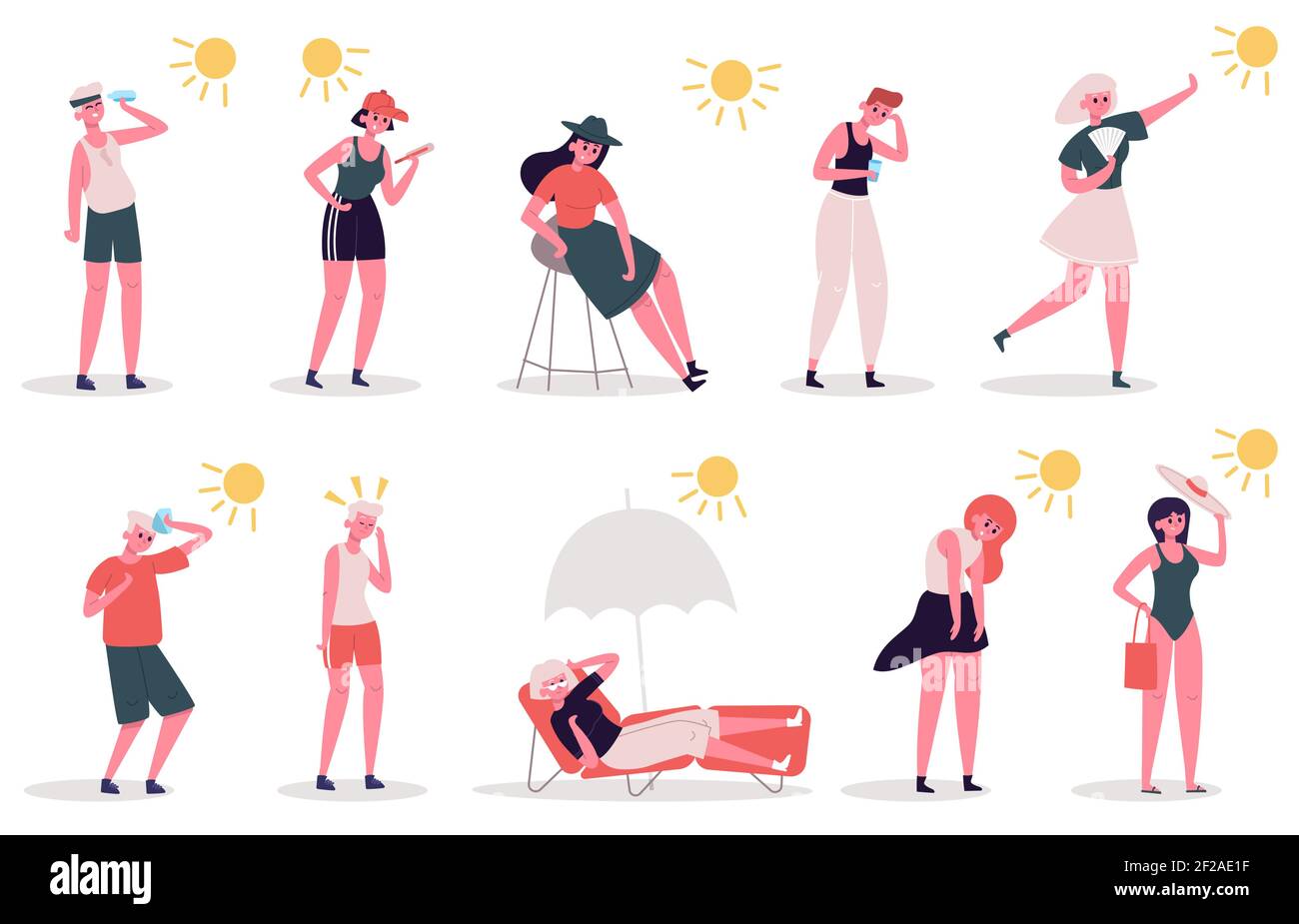 People in hot weather. Male and female characters suffer from heat ...