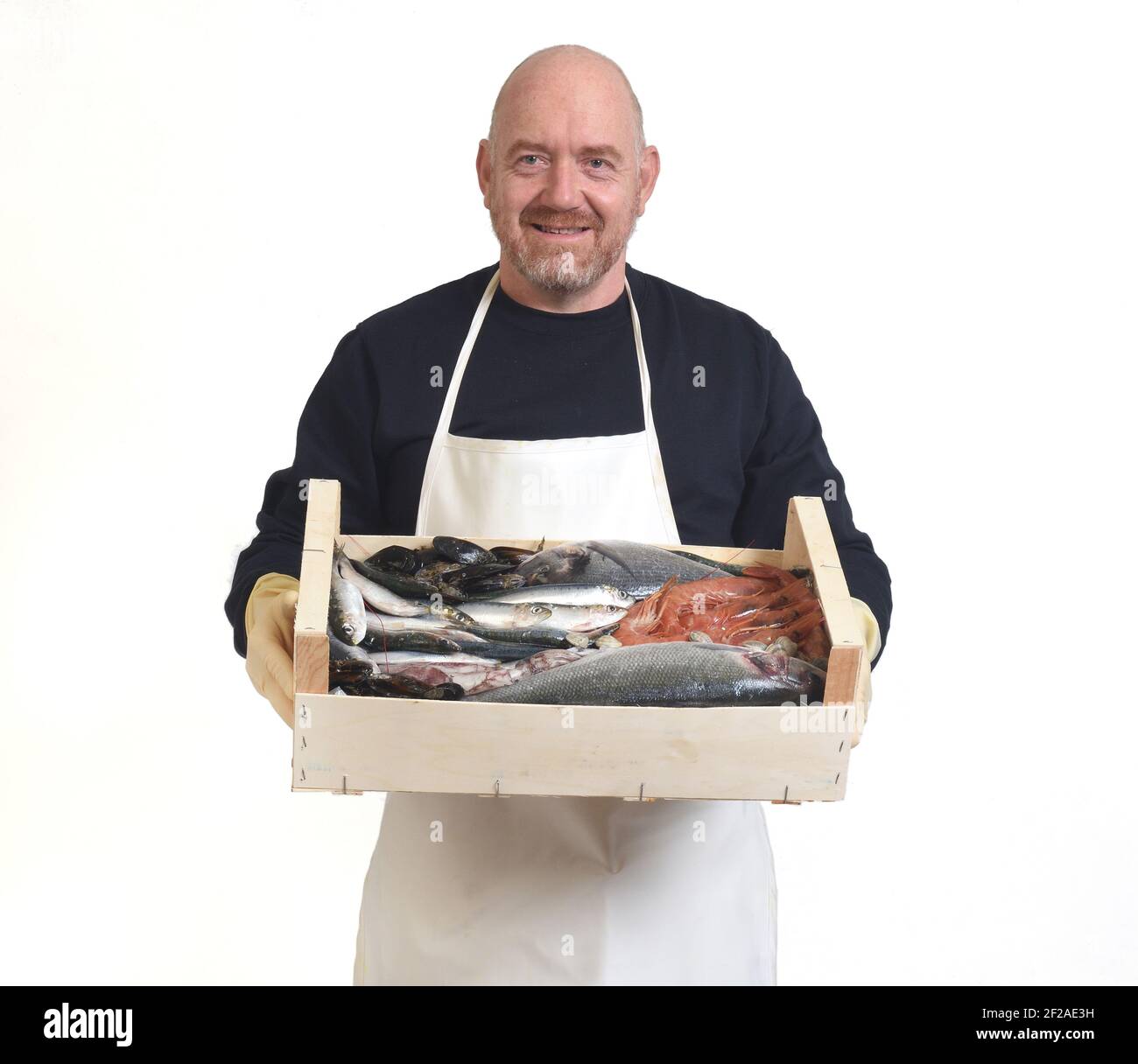 portrait of a fishmonger with a box with seafood on white background ...
