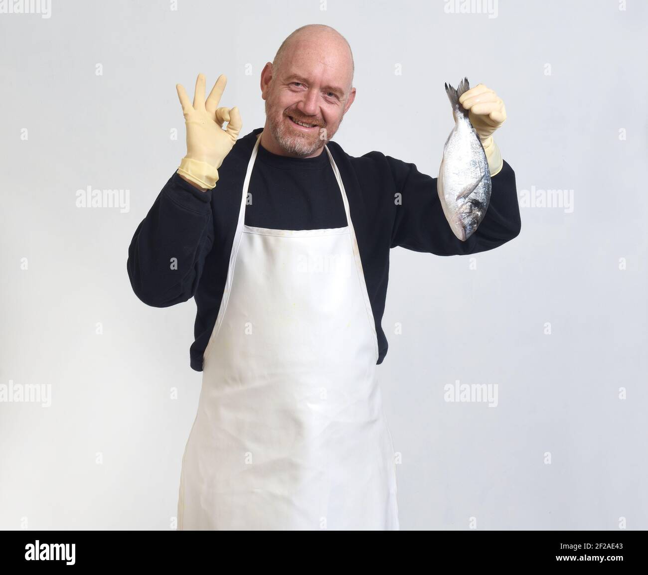 a fishmonger holding and ok sign at a sea bream on white background ...