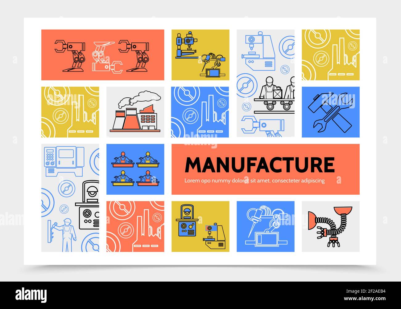 Manufacturing infographic concept with robotic arms engineers factory ...