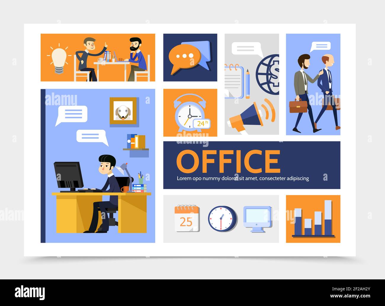 Flat business infographic template with businessmen office workplace ...