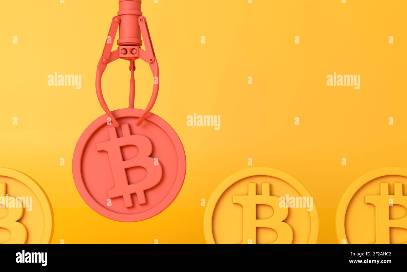 Bitcoin cryptocurrency coin being grabbed by a robotic claw. 3D ...