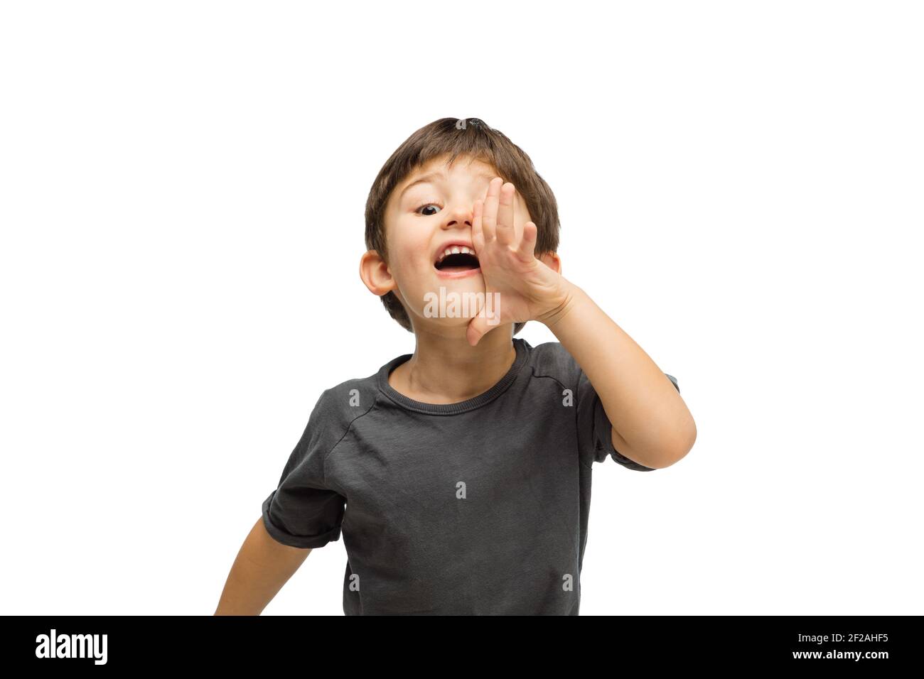 Shouting, calling. Happy, smiley little caucasian boy isolated on white ...