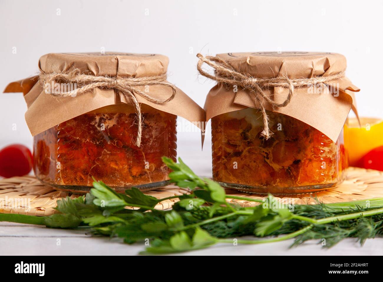 Homemade canned meat from farm poultry-goose and duck. Glass jars with ...