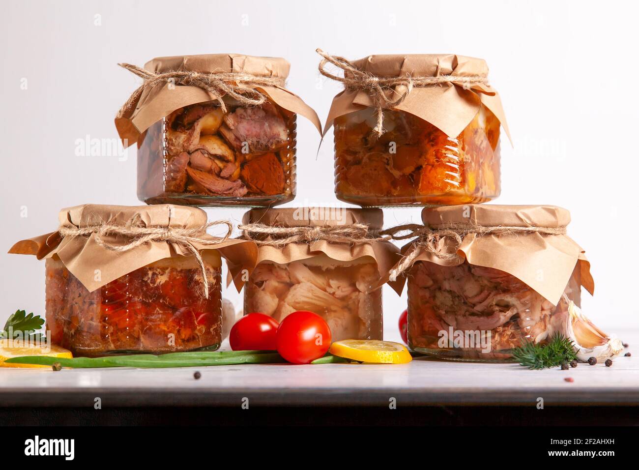 Homemade canned meat from farm poultry-goose, duck, chicken, pork and ...