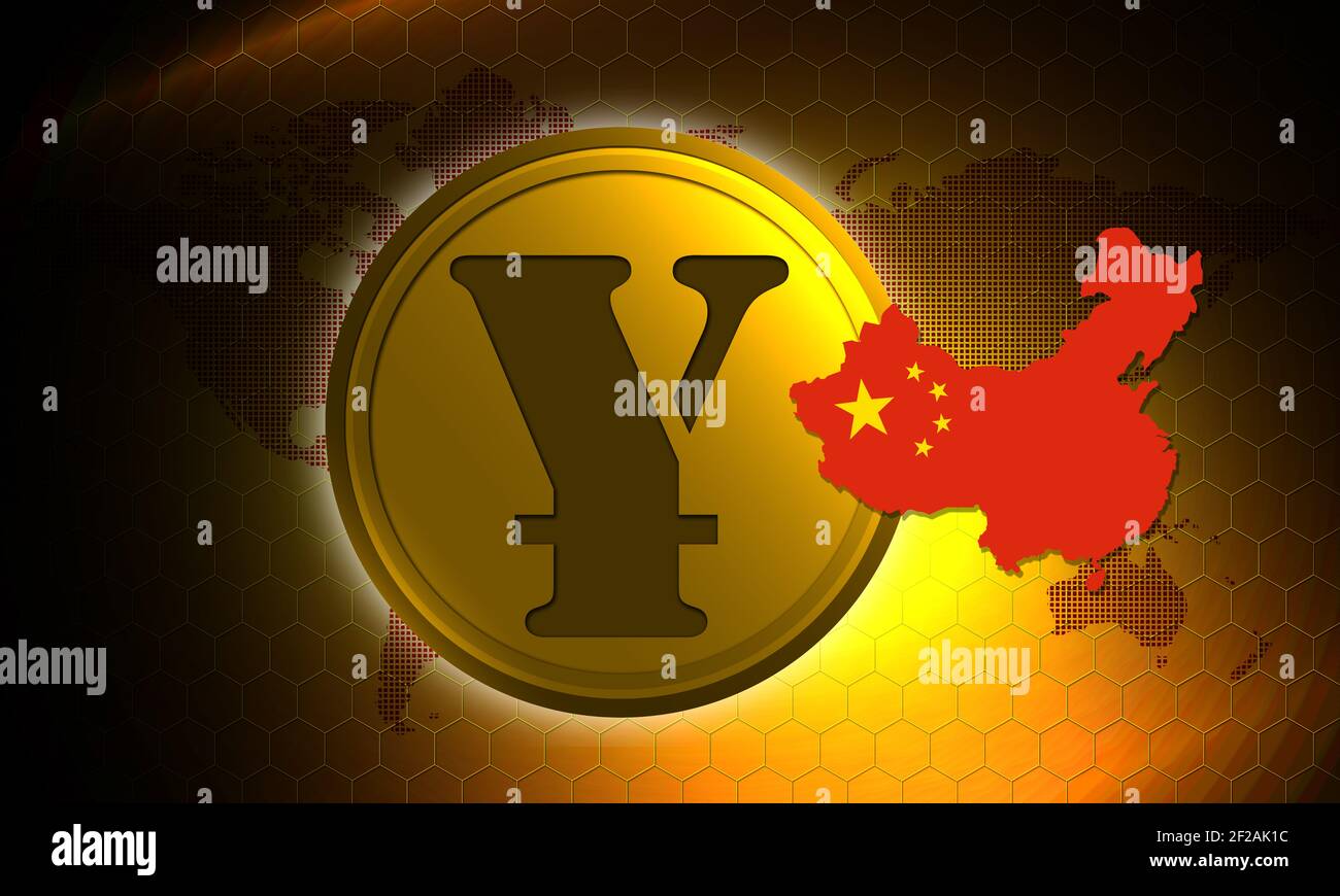 The golden Yuan coin with China's flag on a world map background Stock ...