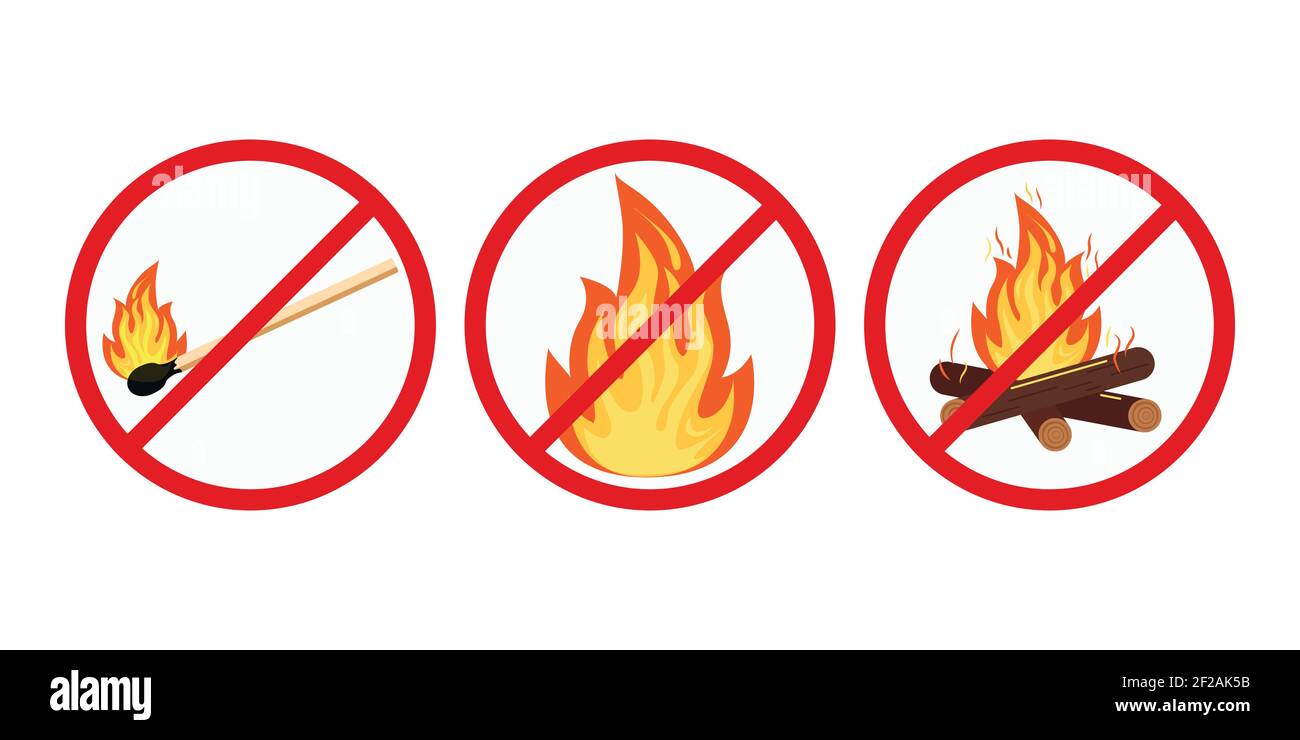 No bonfire or camping, no open fire sign set isolated on white ...