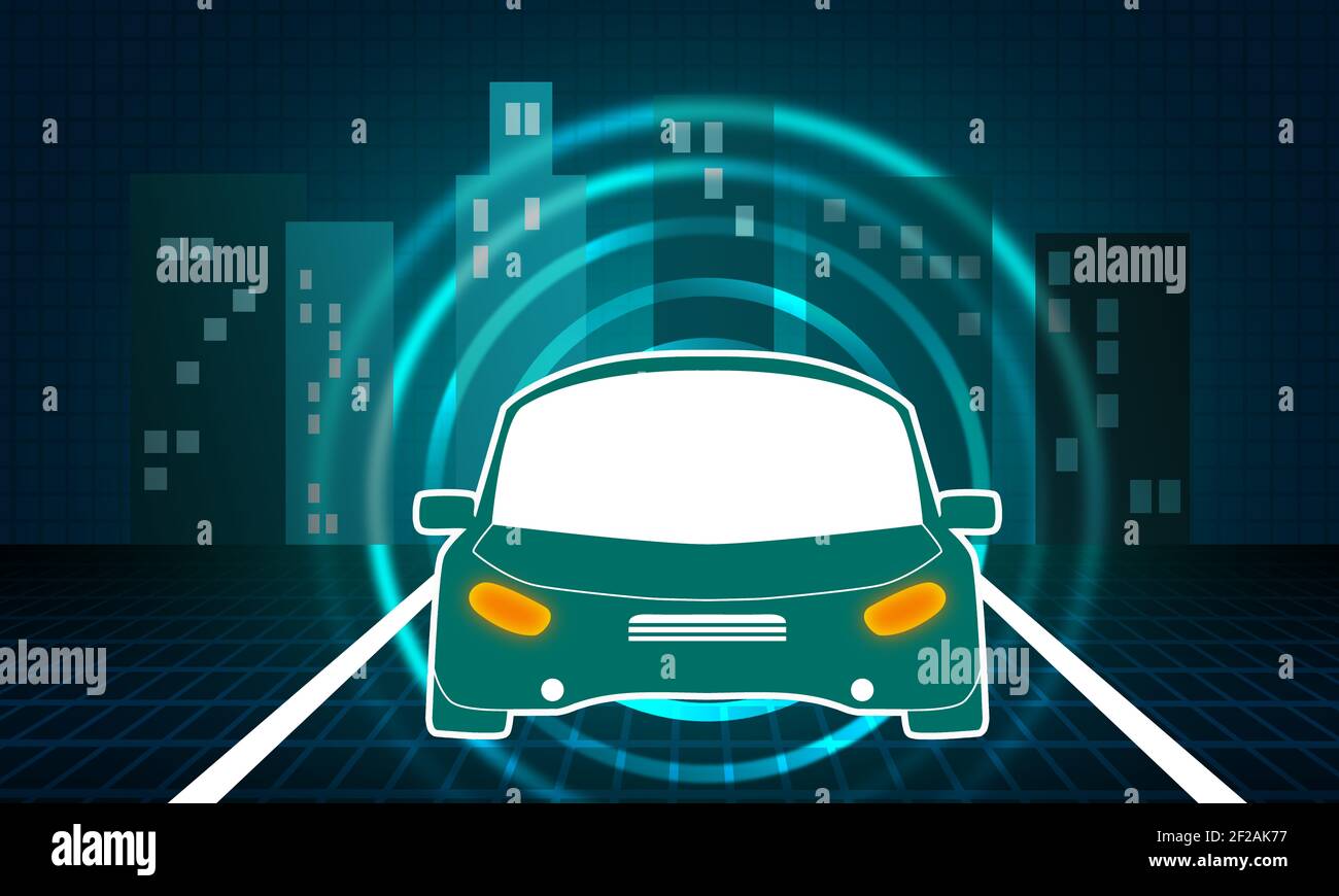 An autonomous car with a signal communication zone on a city background ...
