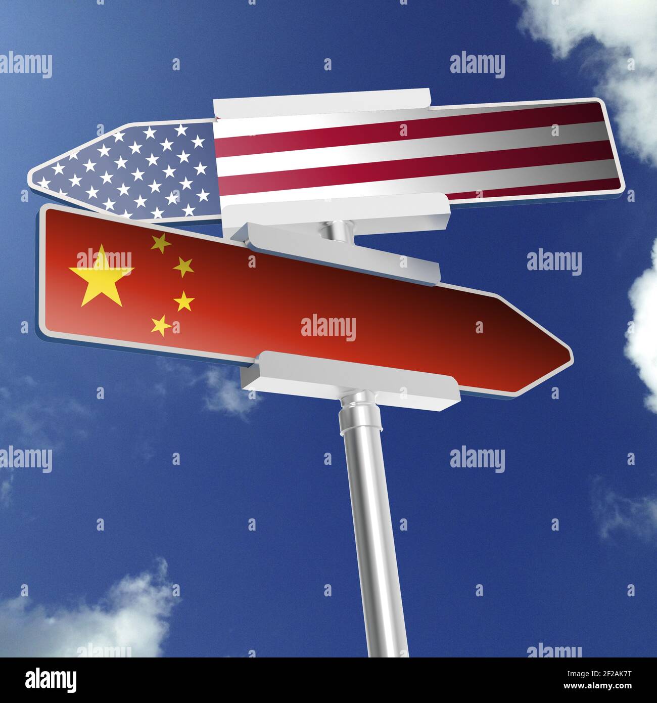 The traffic sign with USA and China flags with different directions on ...