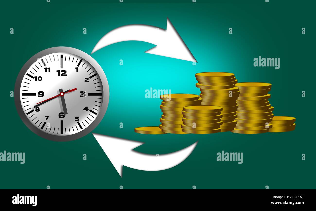 The time and money concept with a clock and stacks of coins cycle ...