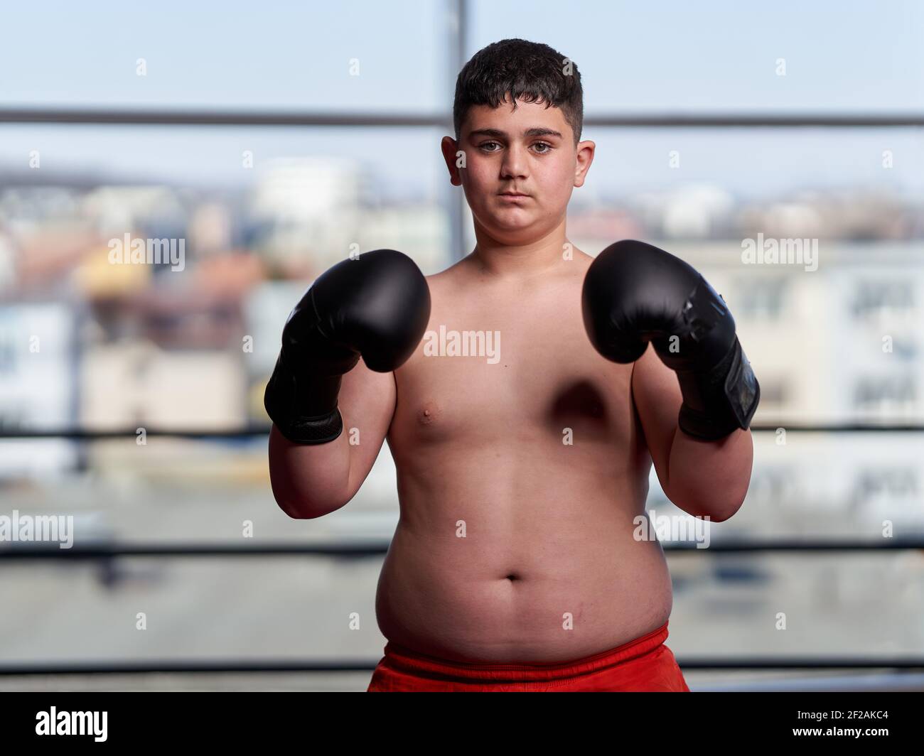 Young overweight confident boxer posing in the gym Stock Photo - Alamy