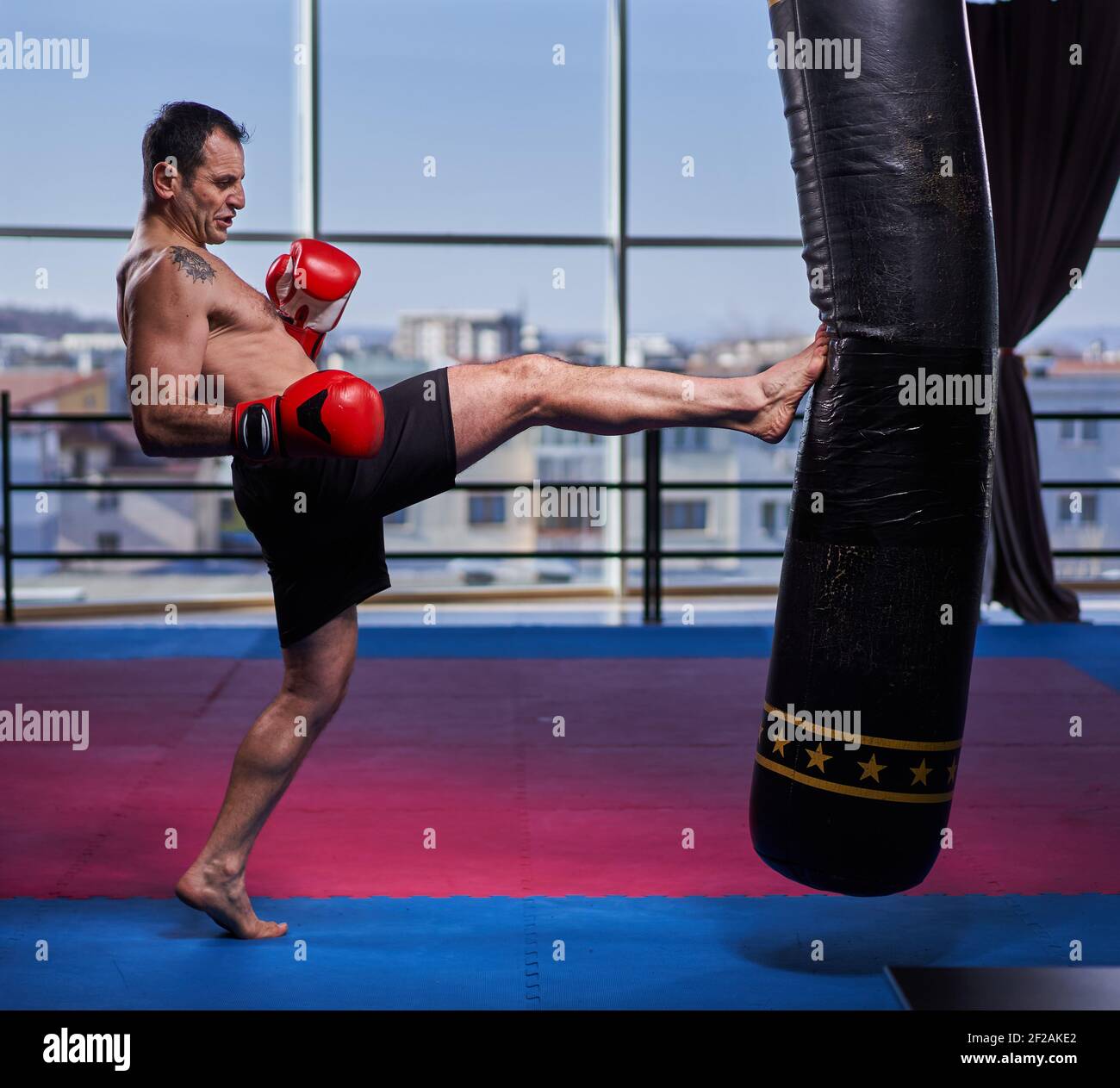 Kickboxing fighter hitting the heavy bag in the gym, training for ...