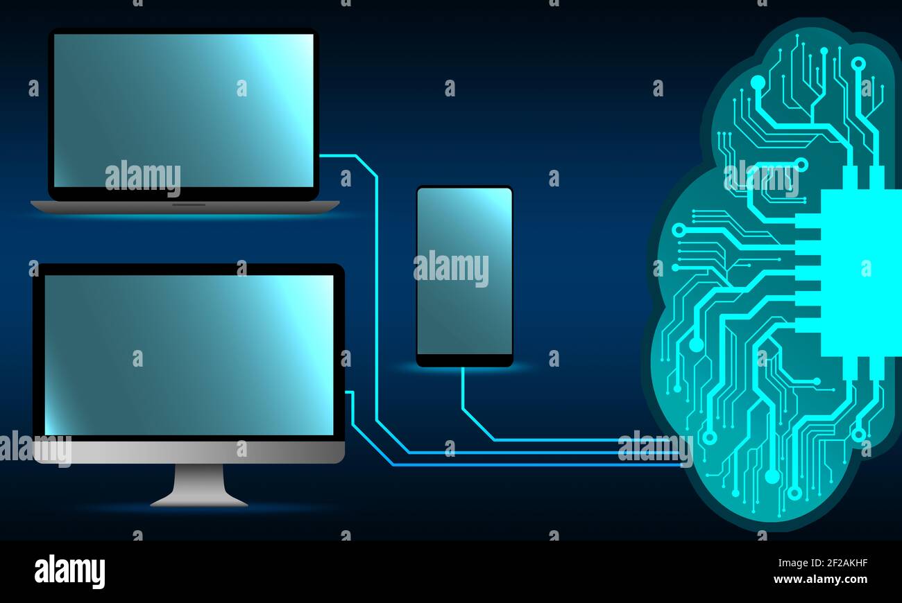 A digital brain connected to devices in the artificial thinking process ...