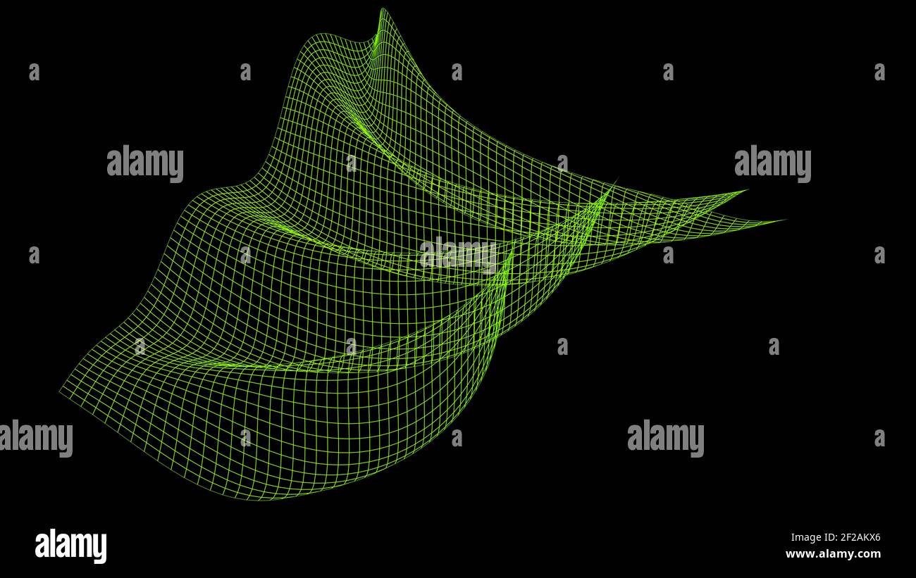 Abstract green wireframe surface on black background - 3D rendering ...