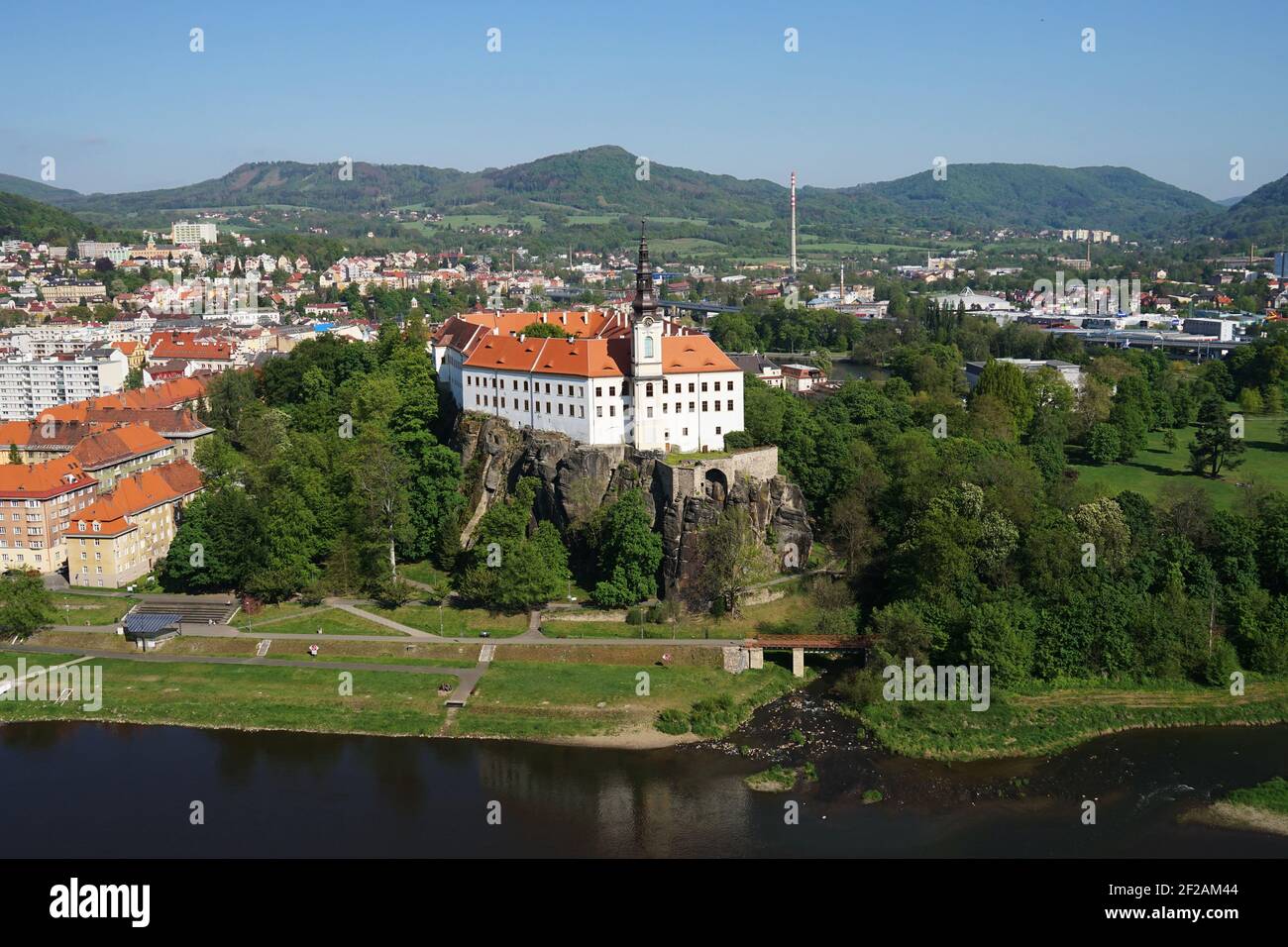 Decin historic town panoramic aerial view with Labe River and Decin ...